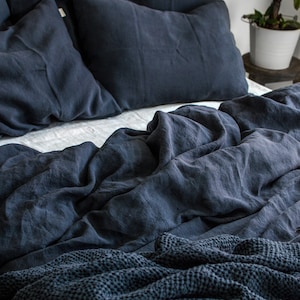 Graphite Blue Linen Bedding Set - Duvet Cover & 2 Pillowcases - King ...