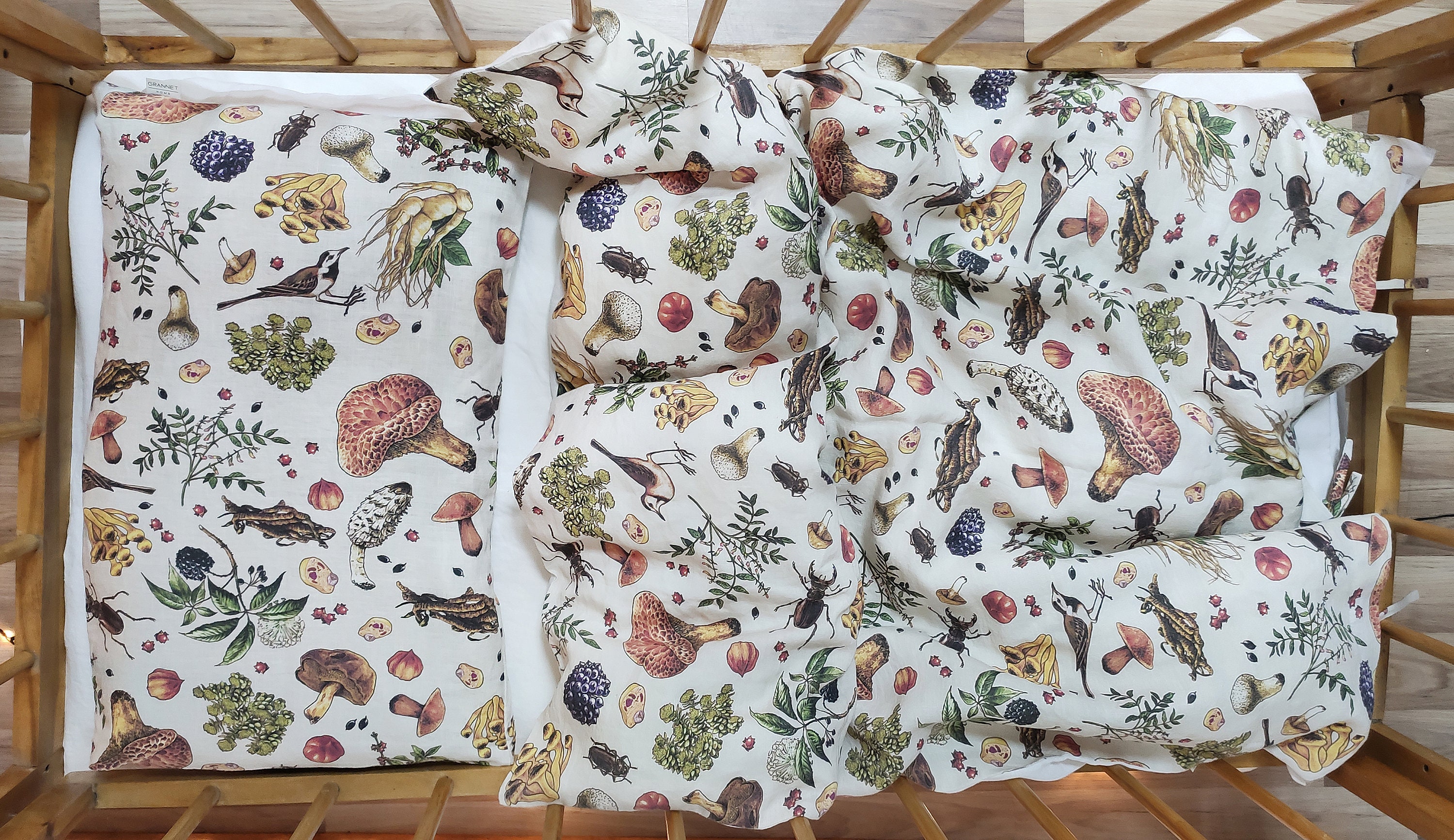 LINEN TODDLER MUSHROOM Bedding. 2 Piece Set. Unique Mushroom Natural ...