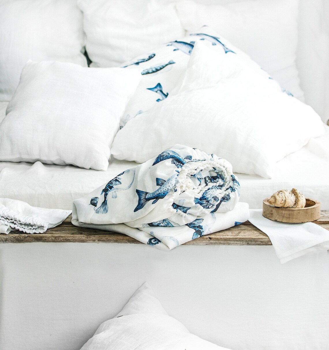 Fisherman Linen Fitted Sheet - Linen Sheet With Sea Fish - King Queen ...