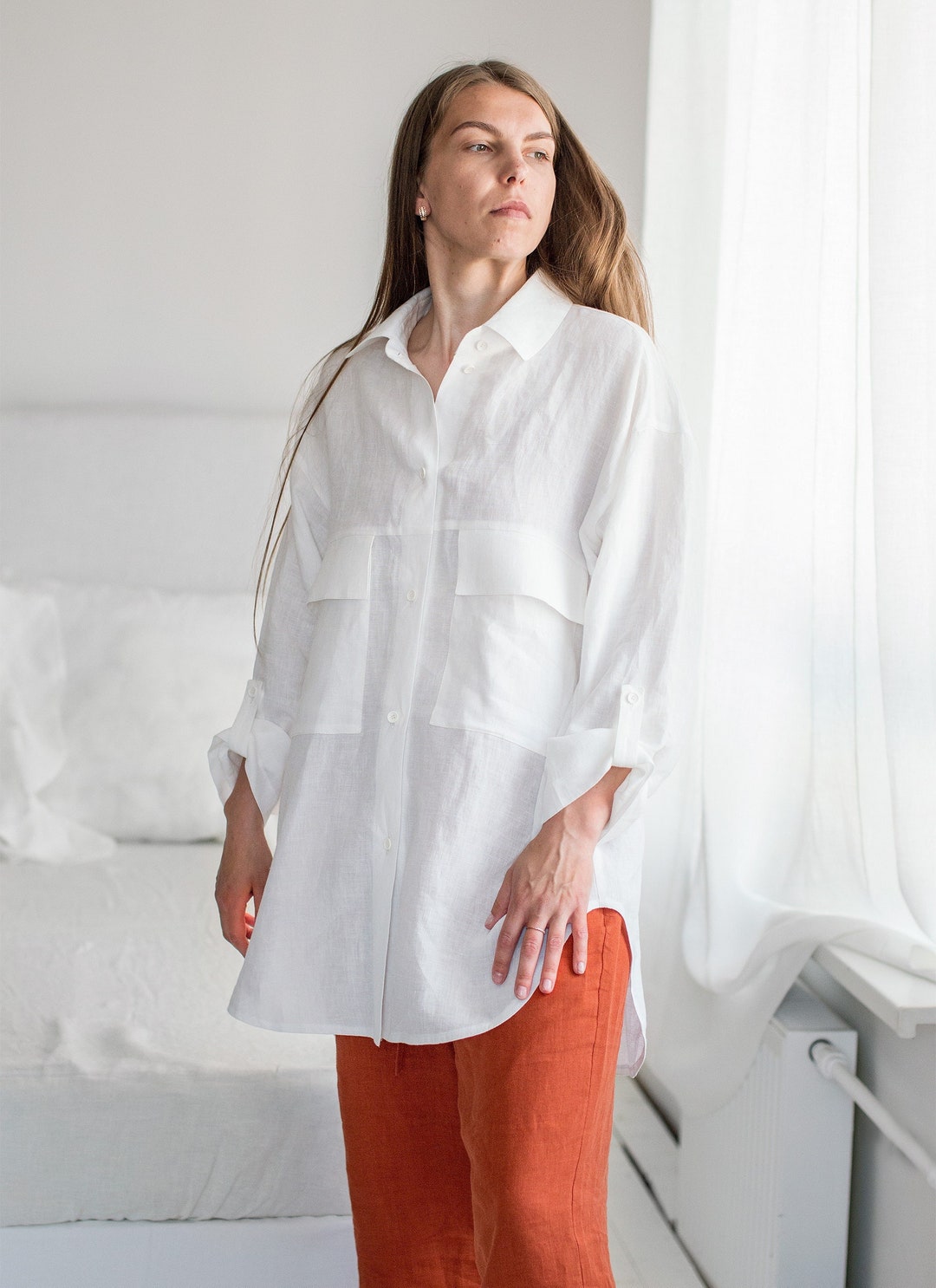 Oversized Linen Shirt AIRY in Milky White - Straigth Womens Long Sleeve ...