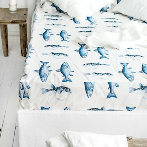 Fisherman Linen Fitted Sheet - Linen Sheet With Sea Fish - King Queen ...