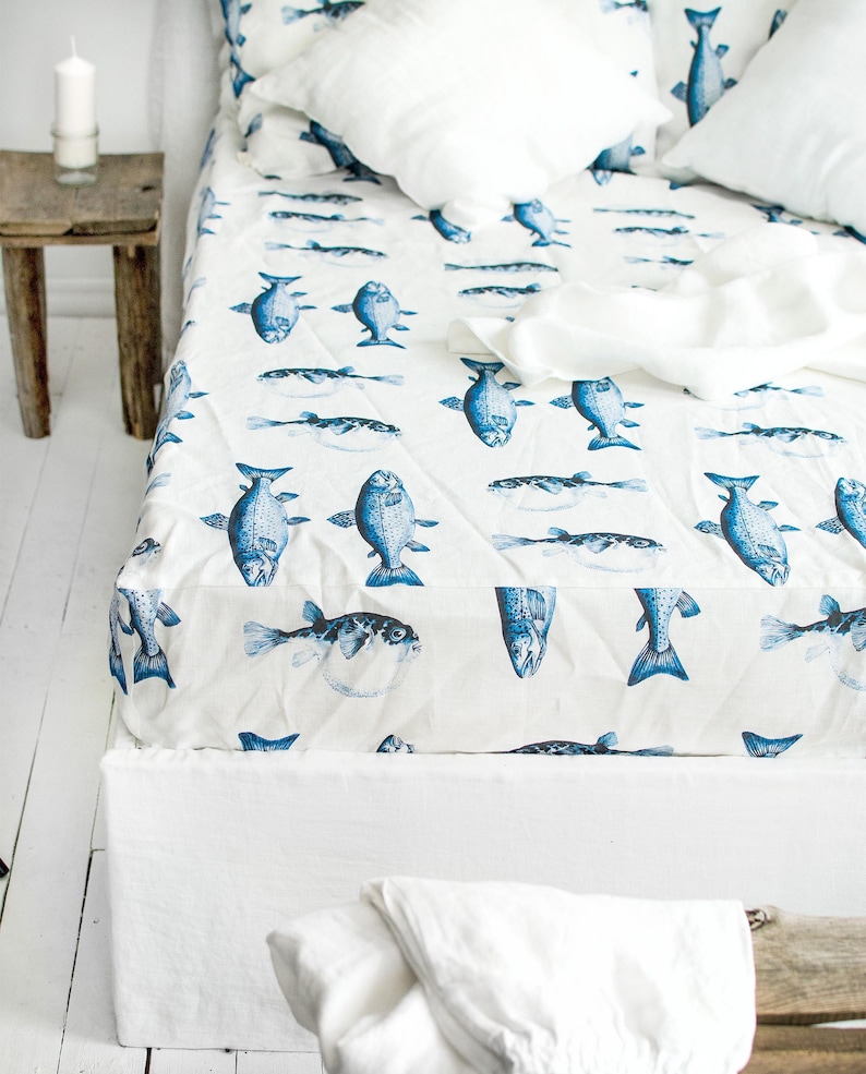 Fisherman Linen Fitted Sheet - Linen Sheet With Sea Fish - King Queen ...