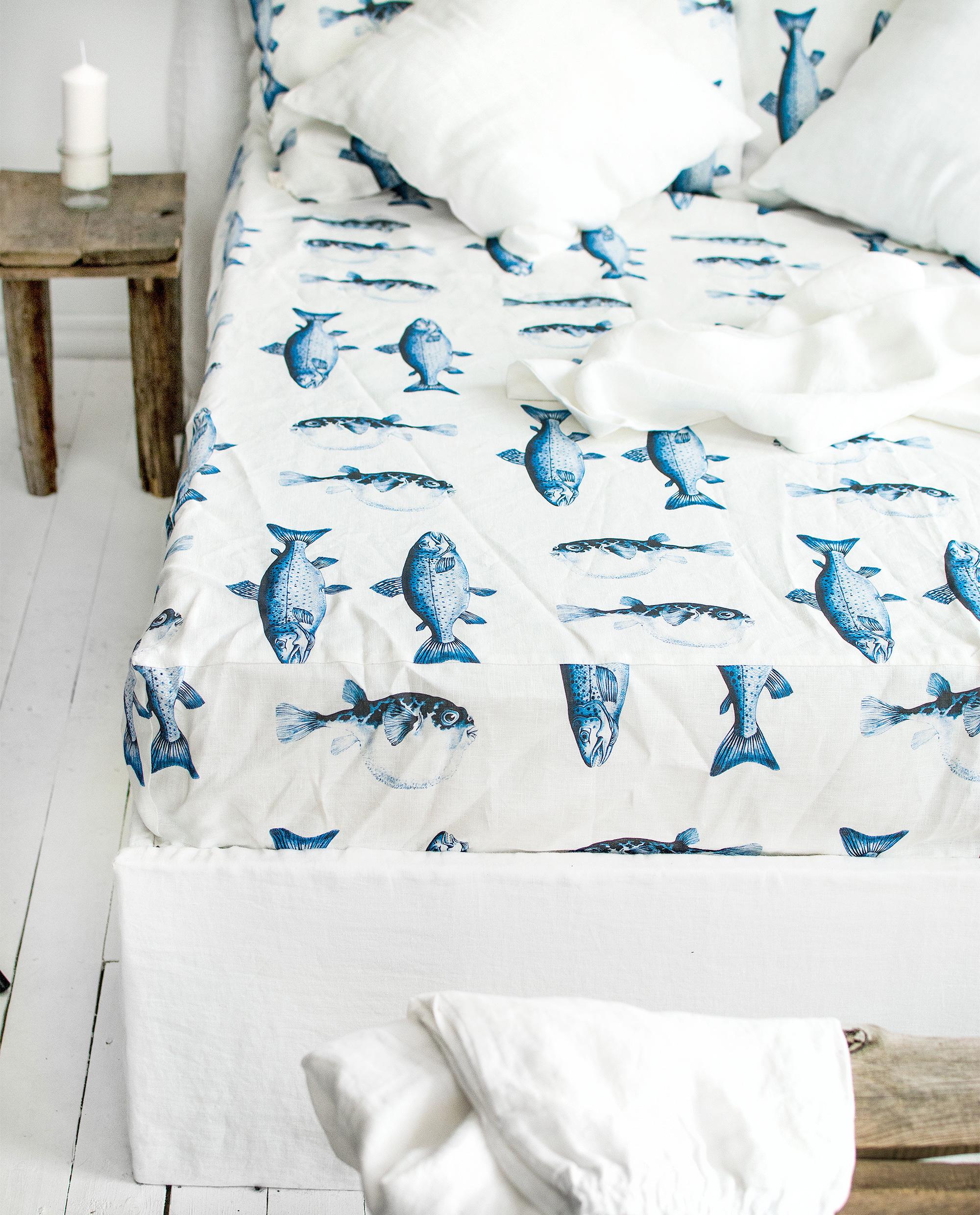 Fisherman Linen Fitted Sheet - Linen Sheet With Sea Fish - King Queen ...