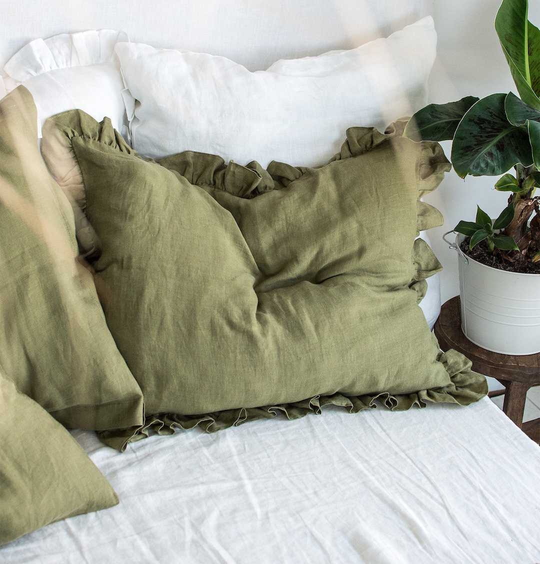 Ruffled Linen Sham With Envelope Closure, Washed Frilled Linen Pillow ...