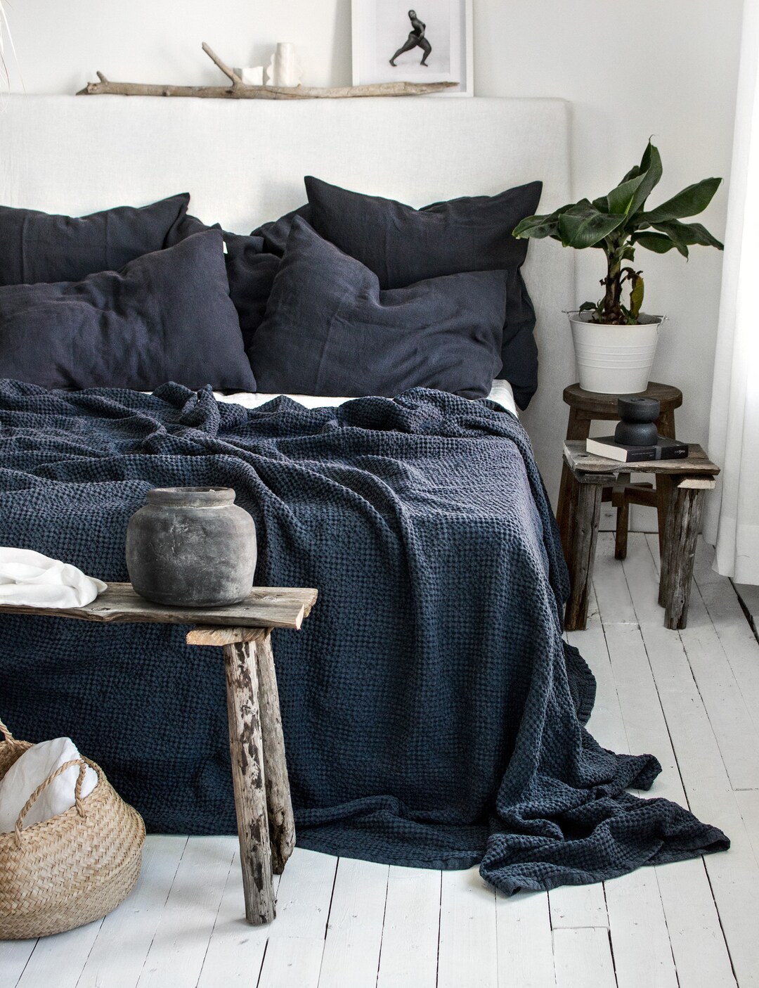 Waffle Blanket in Graphite Blue - Soft Linen-cotton Waffle Throw ...