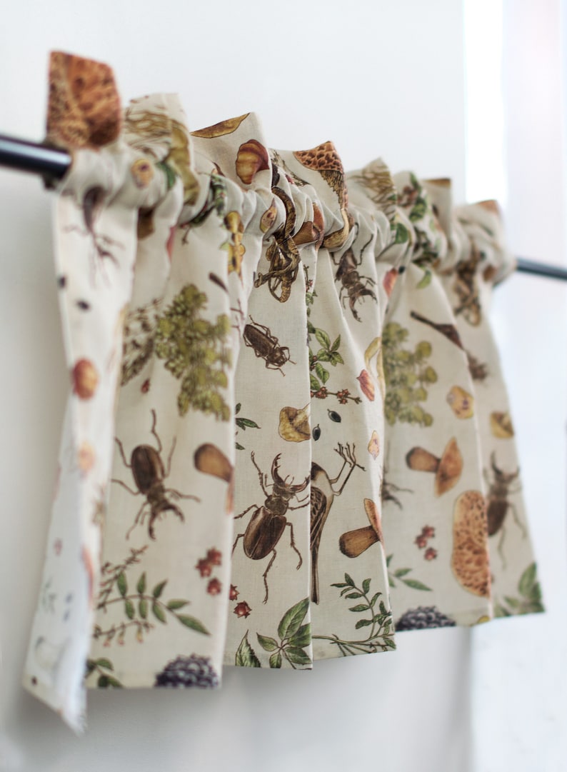 Linen Mushroom Valance. Kitchen Curtain With Mushrooms & Bugs ...
