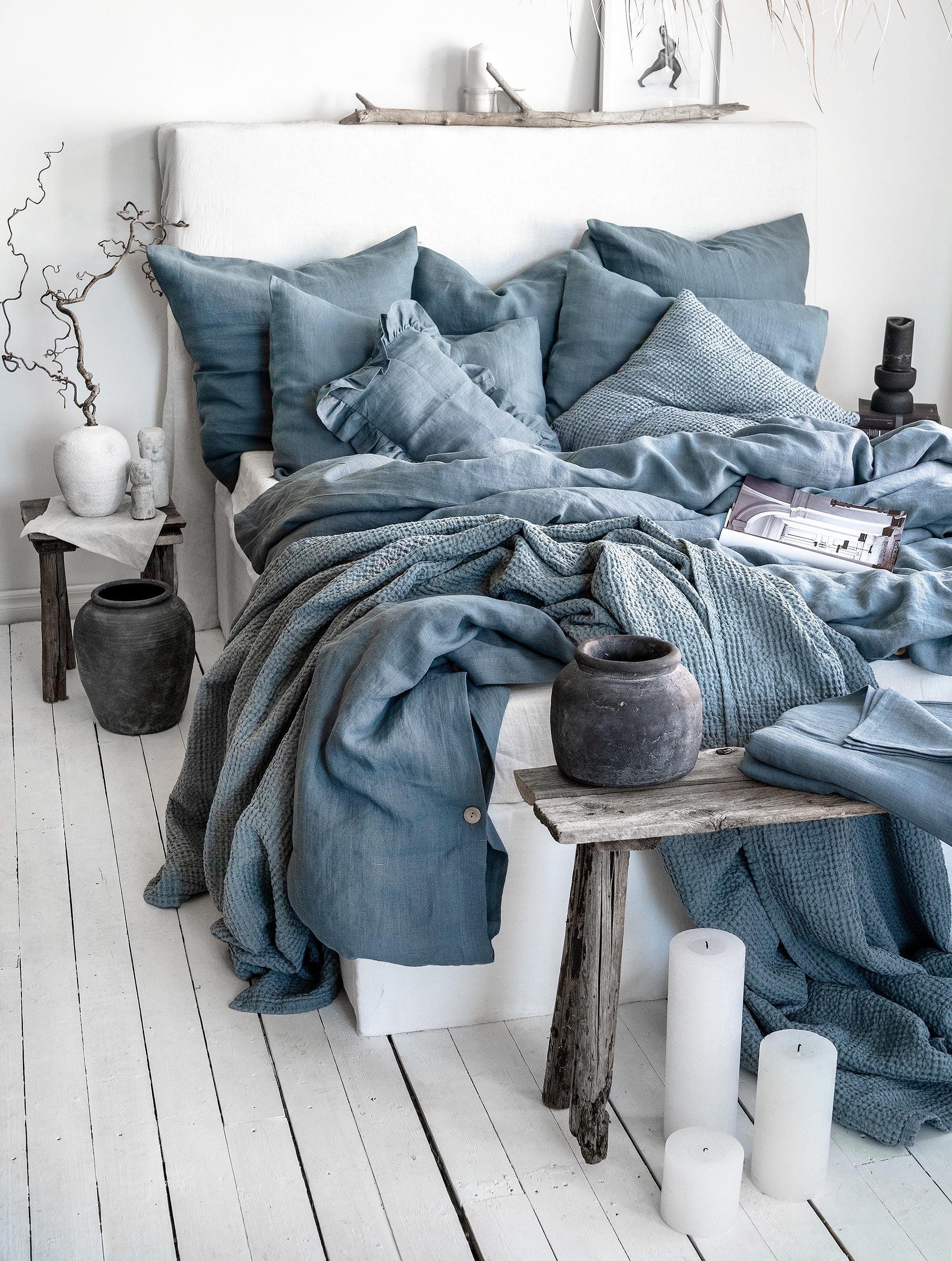 DUSTY BLUE LINEN Sheet Set. Fitted Sheet, Flat Sheet & 2 Pillowcases in ...
