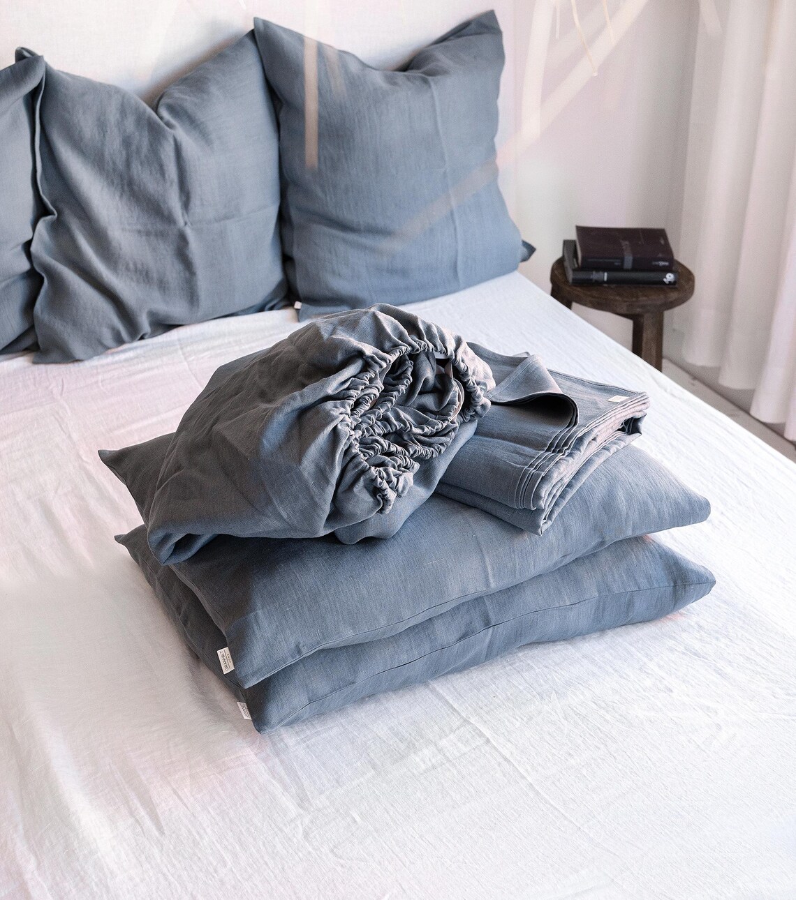 DUSTY BLUE LINEN Sheet Set. Fitted Sheet, Flat Sheet & 2 Pillowcases in ...