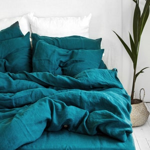 Linen Sheet Set in Emerald Blue - Fitted Sheet, Flat Sheet, 2 ...
