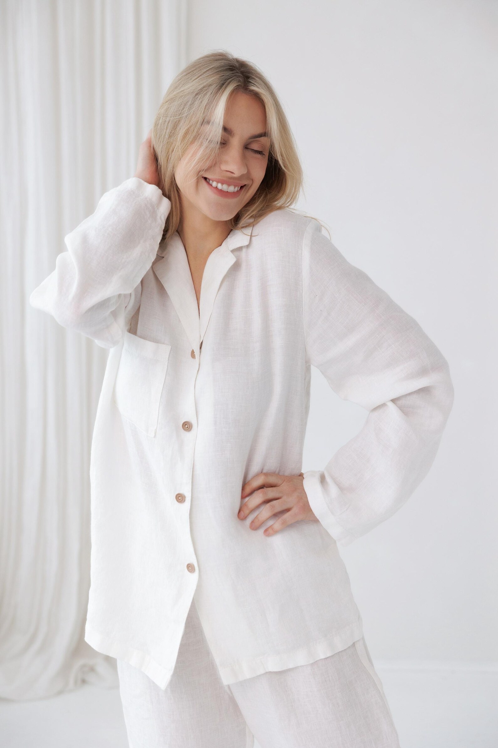 Women's Linen Pajama Set. Longsleeve Top With Pocket, Pants With ...