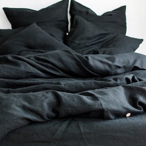 Linen Bedding Set in Space Black. 3 Piece Set in King, Queen, Twin ...
