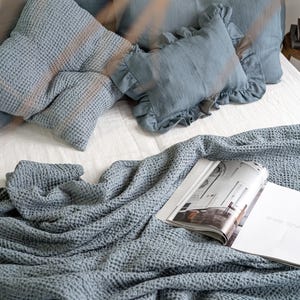 DUSTY BLUE WAFFLE Blanket. Naturally Softened Dusty Blue Linen Bed ...