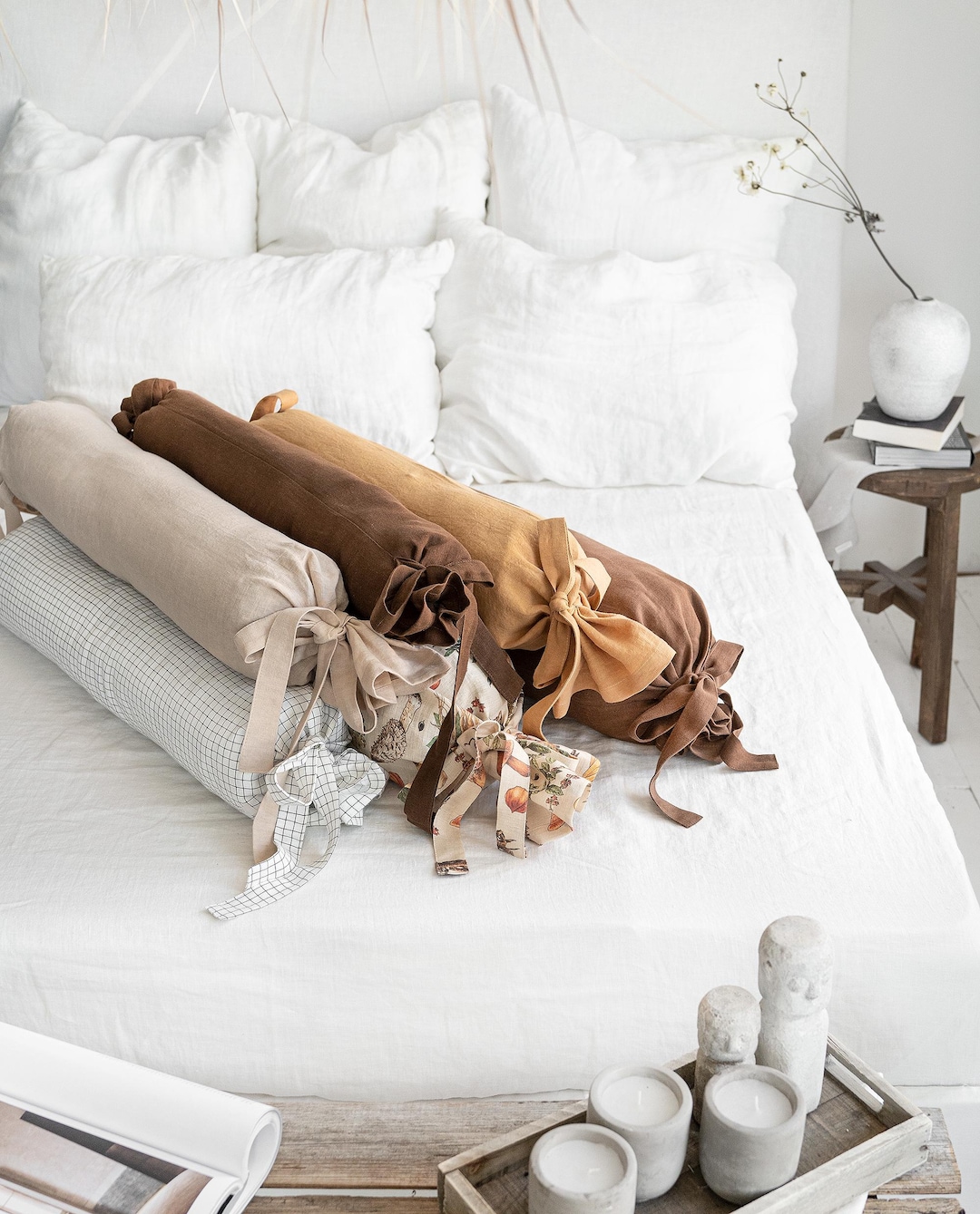 Linen Bolster Candy Pillow Cover – Neck Roll Cushion With Long Ties ...