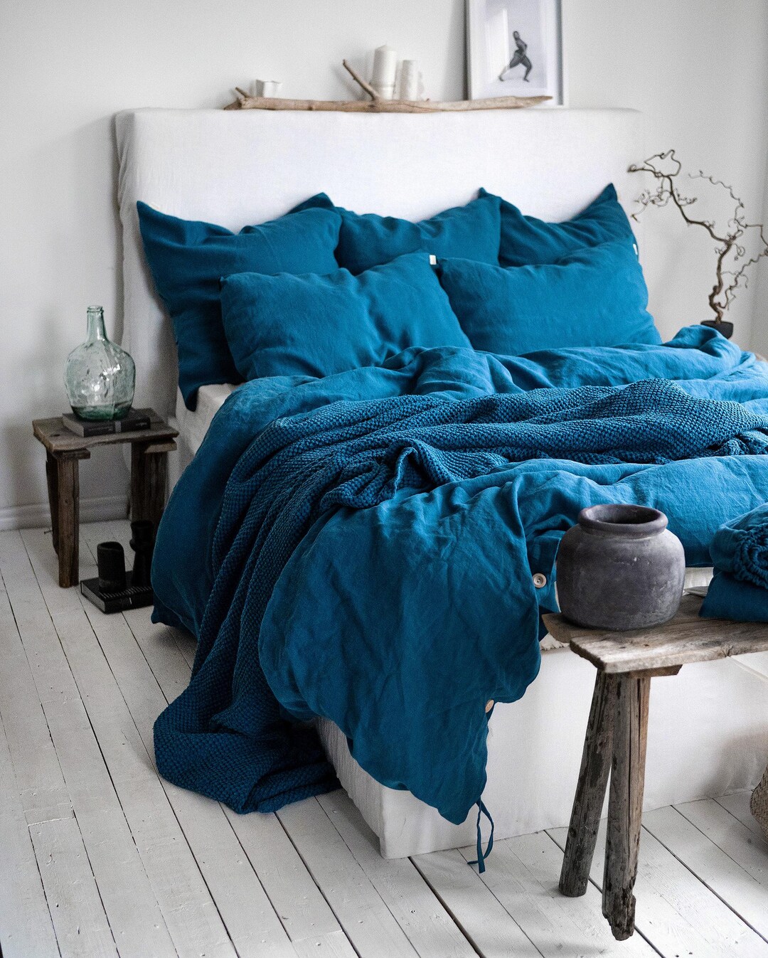 Linen Bedding Set in Lake Blue. 3 Piece Set in King, Queen, Twin, Full ...