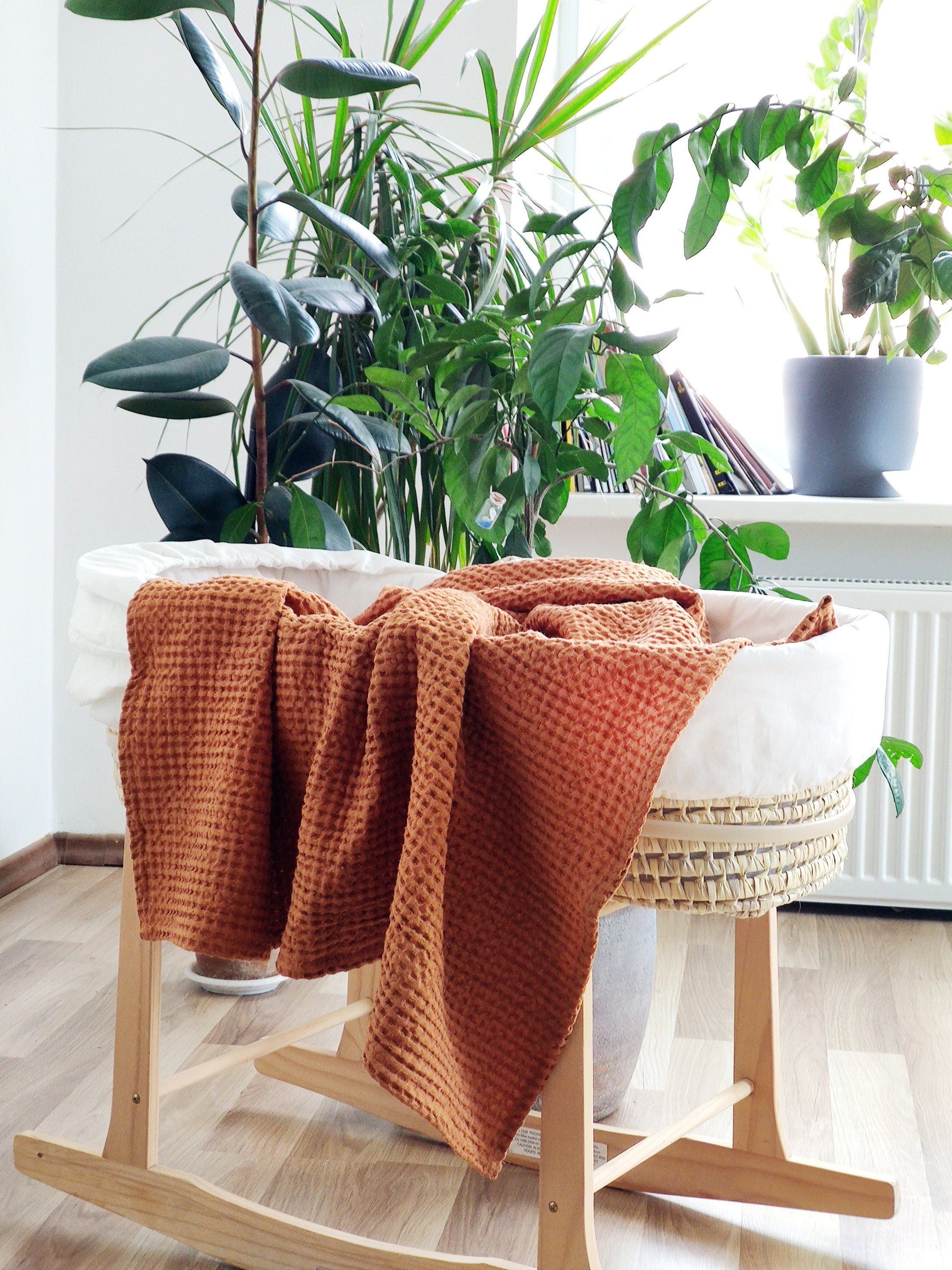 Linen Baby Blanket in Cinnamon. Rust Linen Waffle Throw Blanket for ...