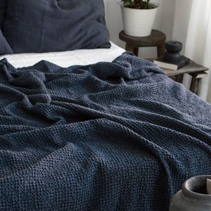 Waffle Blanket in Graphite Blue - Soft Linen-cotton Waffle Throw ...