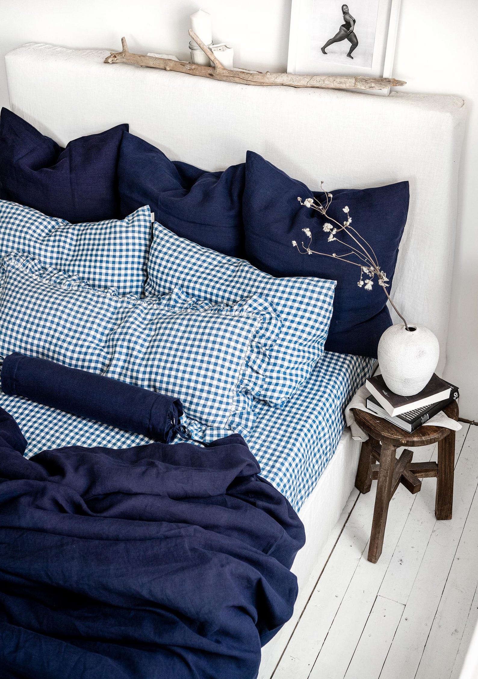 Blue Gingham Linen Sheet Set - Lake Blue Checked Bedding - Fitted, Flat ...