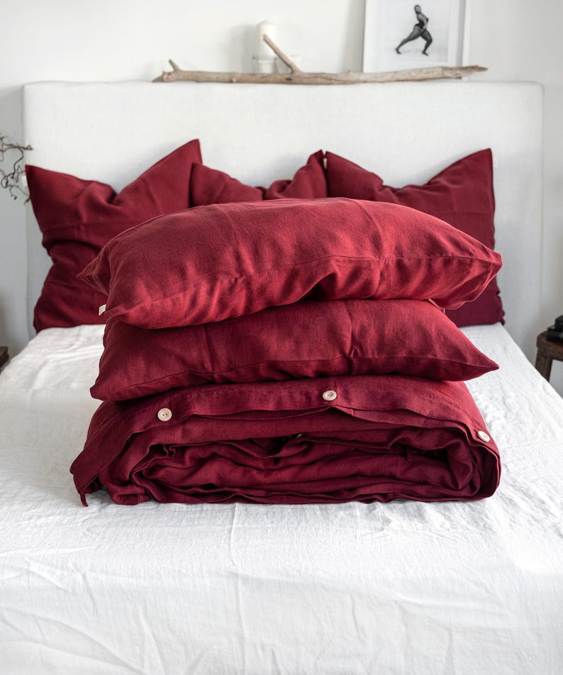 Linen Bedding Set in Maroon - Duvet Cover & 2 Pillowcases Set - Cal ...