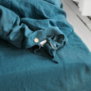 Emerald Blue Linen Bedding Set - Duvet Cover & 2 Pillowcases Set - King ...