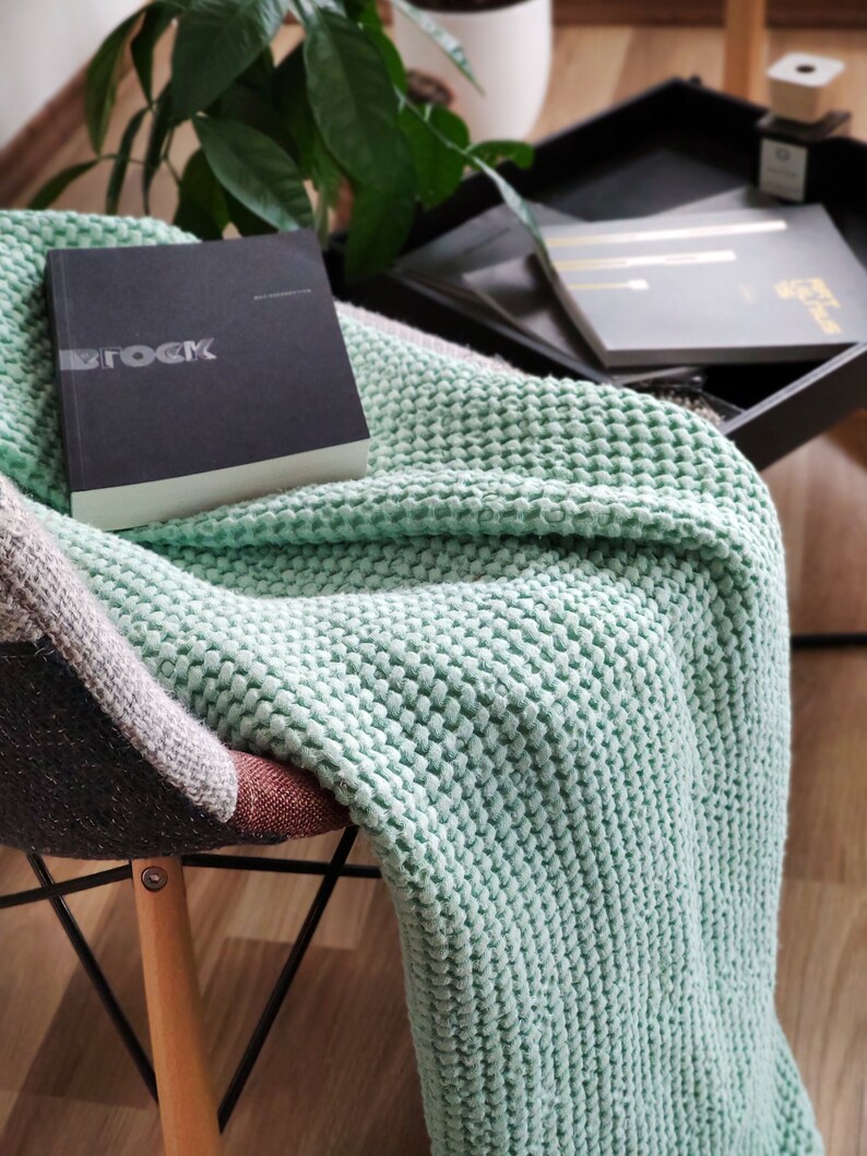 MINT GREEN WAFFLE Blanket. Linen Mint Green Bed Throw in Extra Soft and ...
