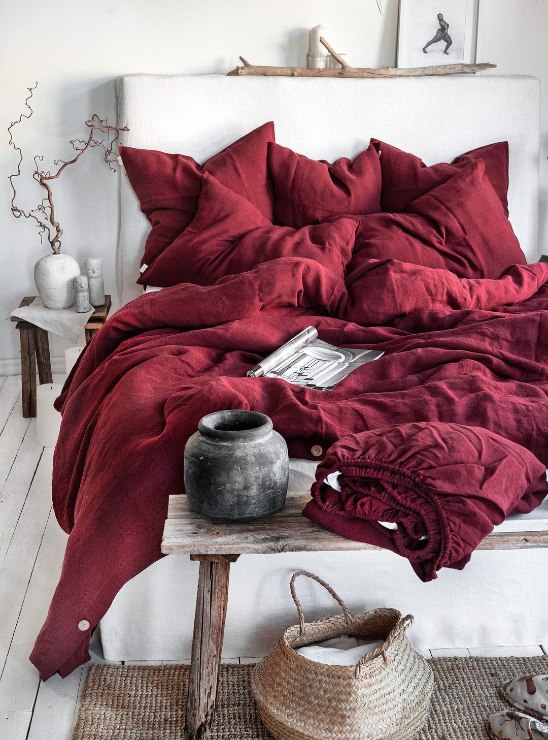 Linen Duvet Cover in Maroon - Cal King Queen Full Double Twin XL Single ...