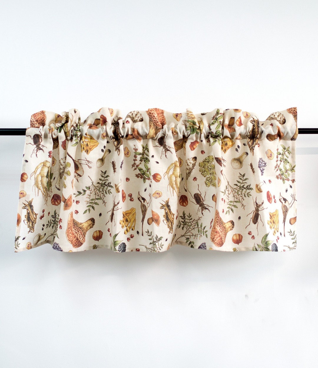 Linen Mushroom Valance. Kitchen Curtain With Mushrooms & Bugs ...