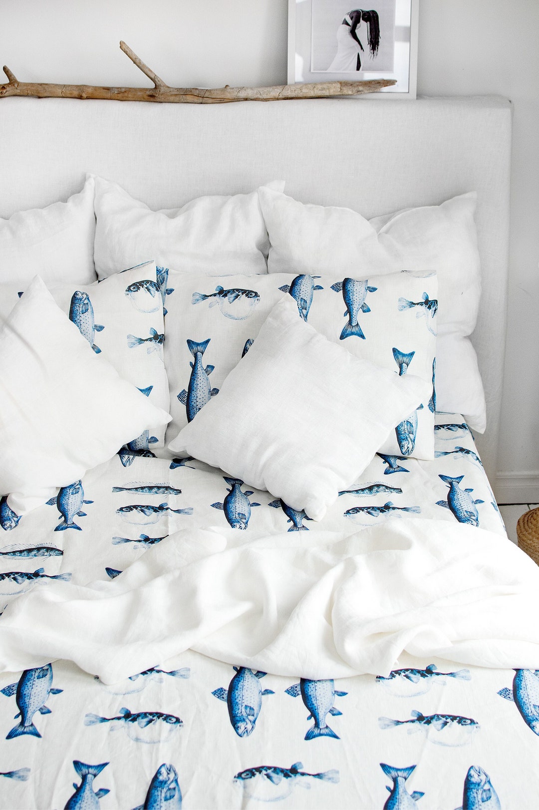 Fisherman Linen Fitted Sheet - Linen Sheet With Sea Fish - King Queen ...