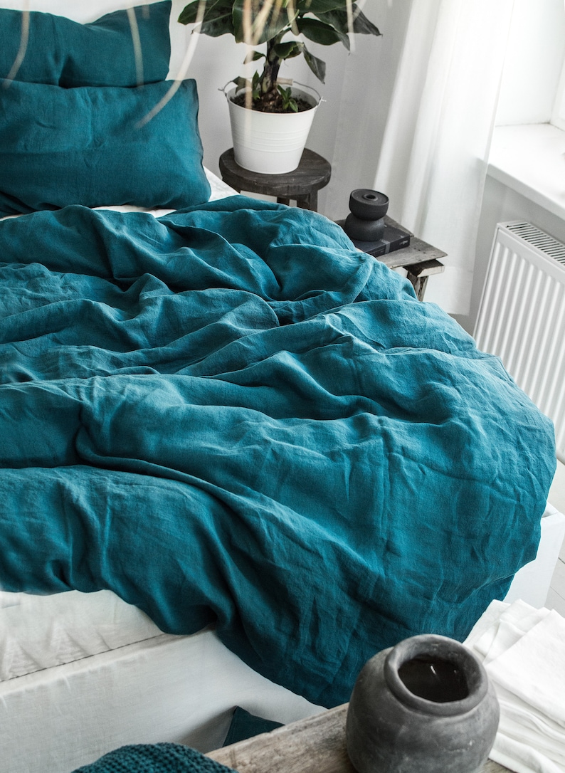 Linen Sheet Set in Emerald Blue - Fitted Sheet, Flat Sheet, 2 ...