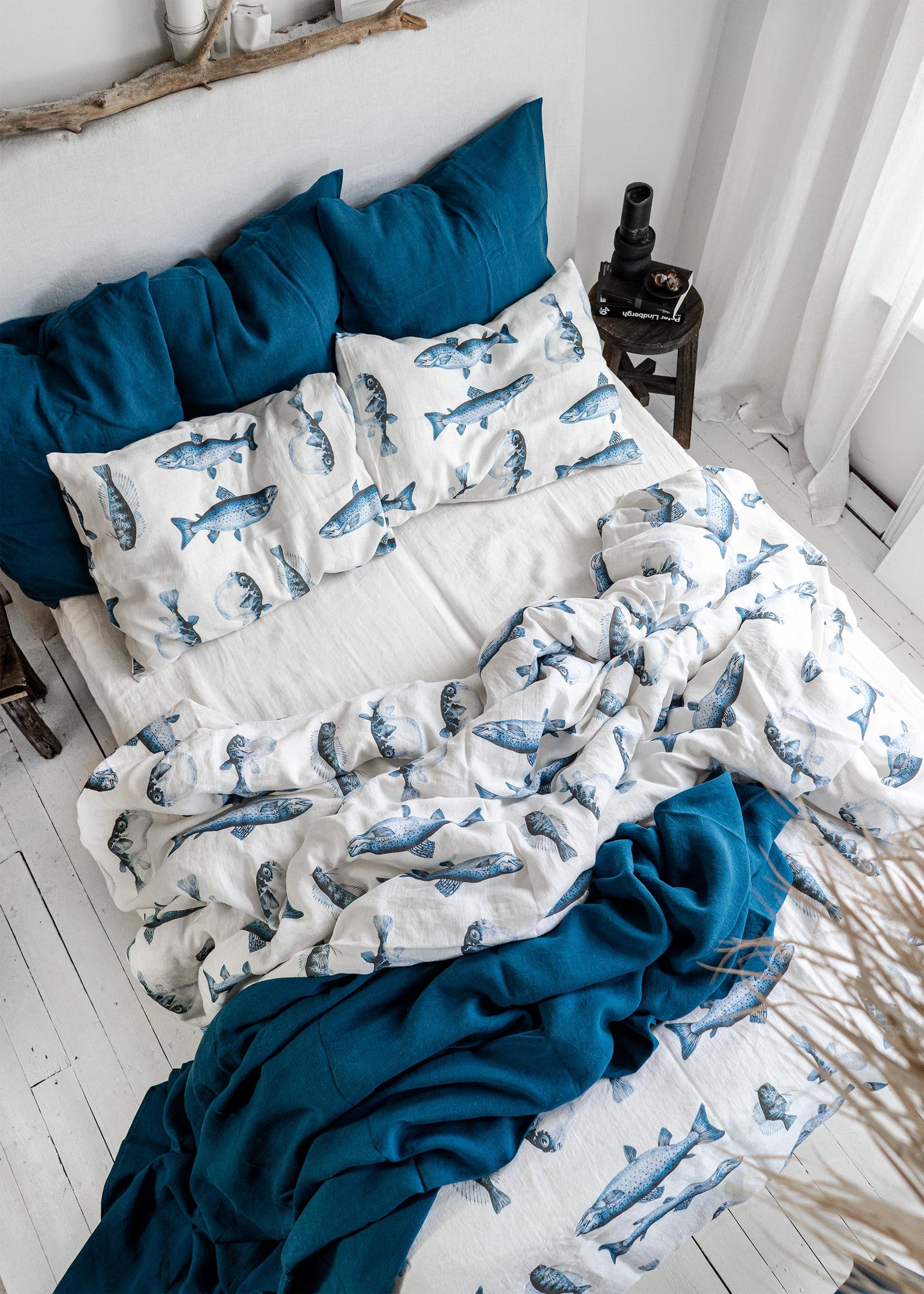 Fisherman Linen Fitted Sheet - Linen Sheet With Sea Fish - King Queen ...