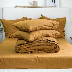 Mustard Linen Bedding Set - Duvet Cover & 2 Pillowcases - Soft Washed ...