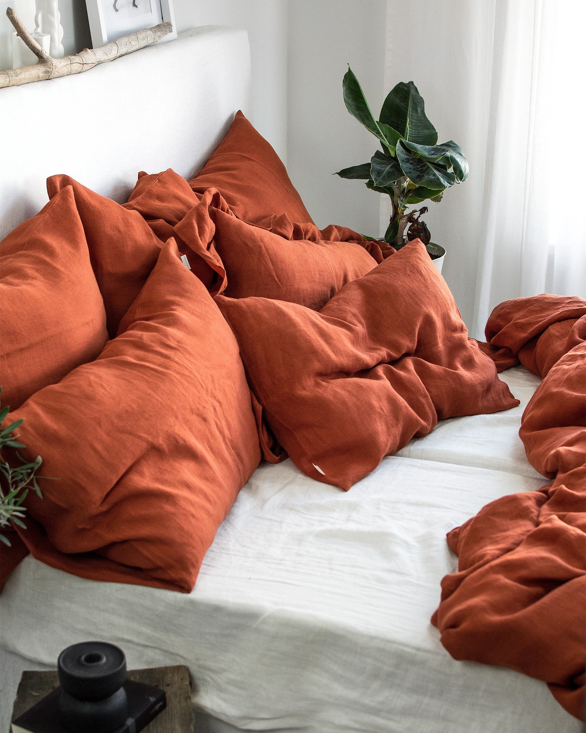 Terracotta Linen Sheet Set. Clay Red Fitted Sheet, Flat Sheet & 2 ...