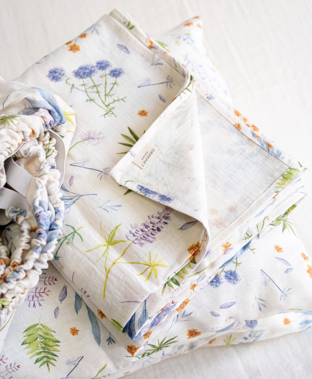 Flower Linen Flat Sheet. King, Queen, Full, Double, Twin, Single Sizes ...