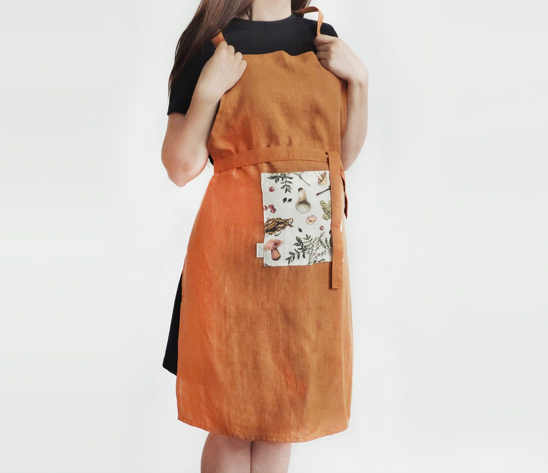 CINNAMON LINEN APRON With Unique Mushroom Print Accent Pocket. Linen ...