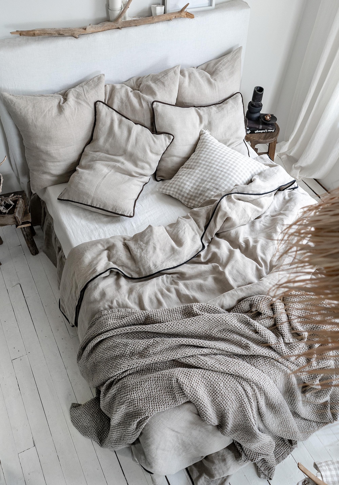 Linen Bedding Set With Piping - Duvet Cover & 2 Pillowcases Set - King ...