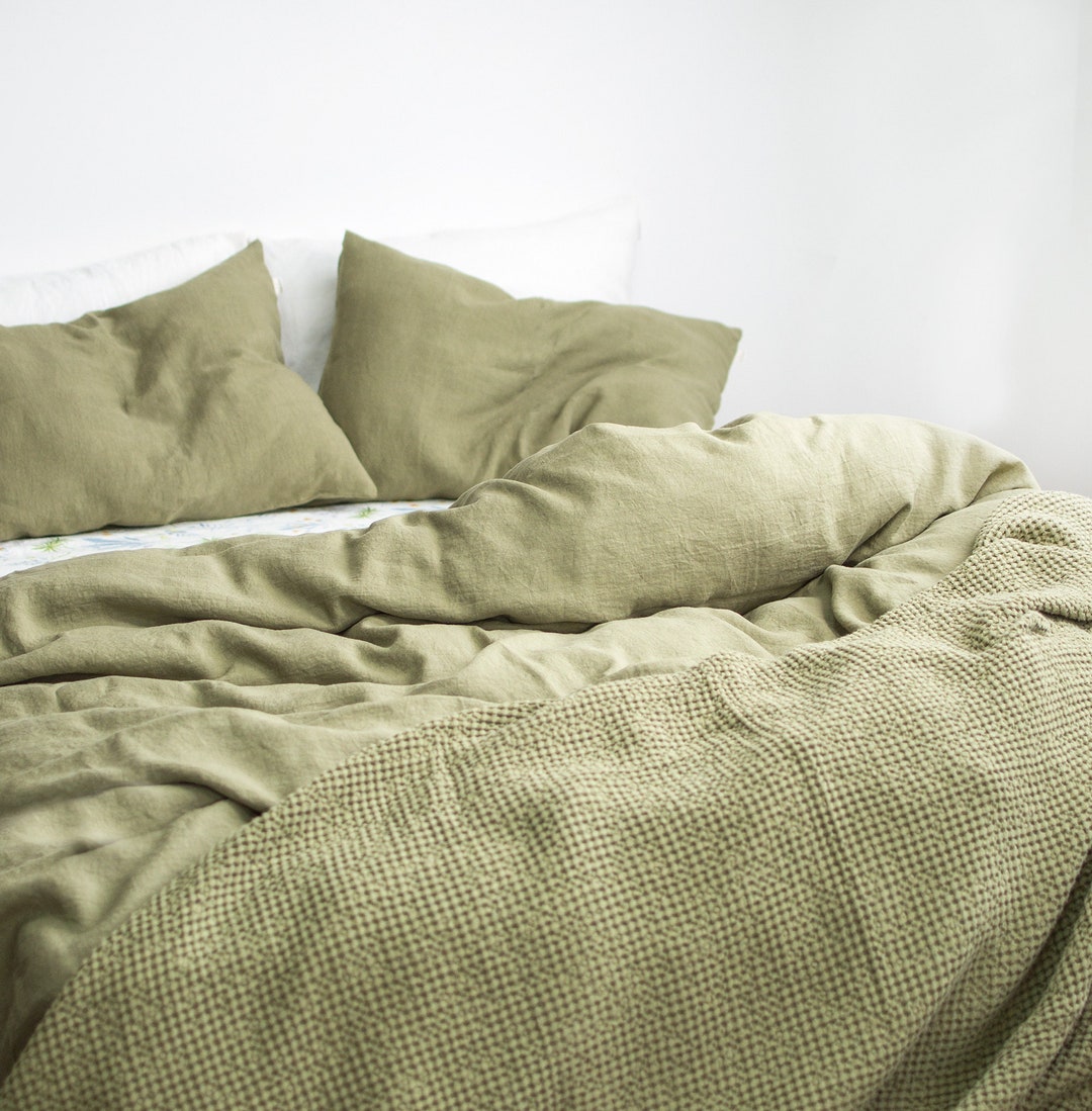 Linen Bedding Set in Olive Green. 3 Piece Set in King Queen - Etsy