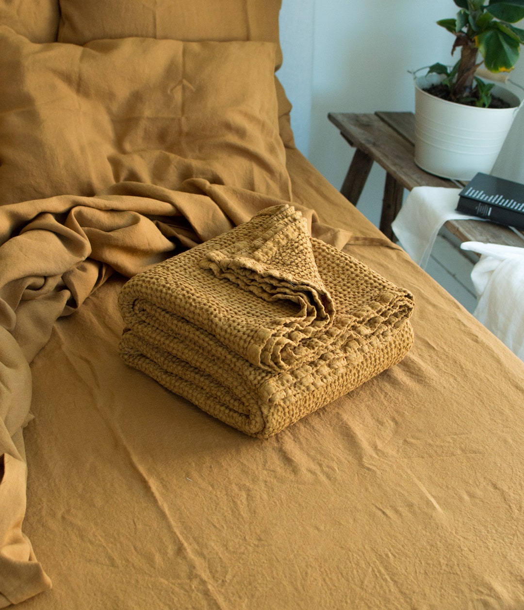 Waffle Blanket in Mustard. Extra Soft Linen-cotton Waffle Throw Blanket ...
