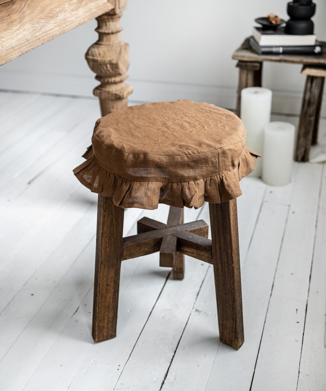 Linen Stool Cover With Ruffle – Fabric Round Stool Cover – Farmhouse ...