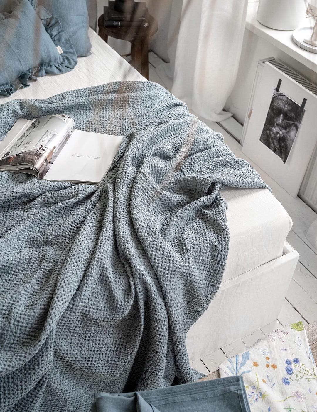 DUSTY BLUE WAFFLE Blanket. Naturally Softened Dusty Blue Linen Bed ...