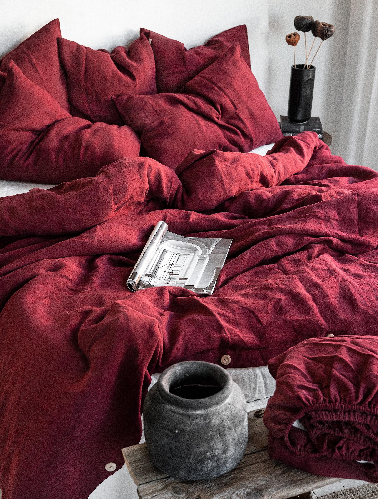 Linen Bedding Set in Maroon - Duvet Cover & 2 Pillowcases Set - Cal ...