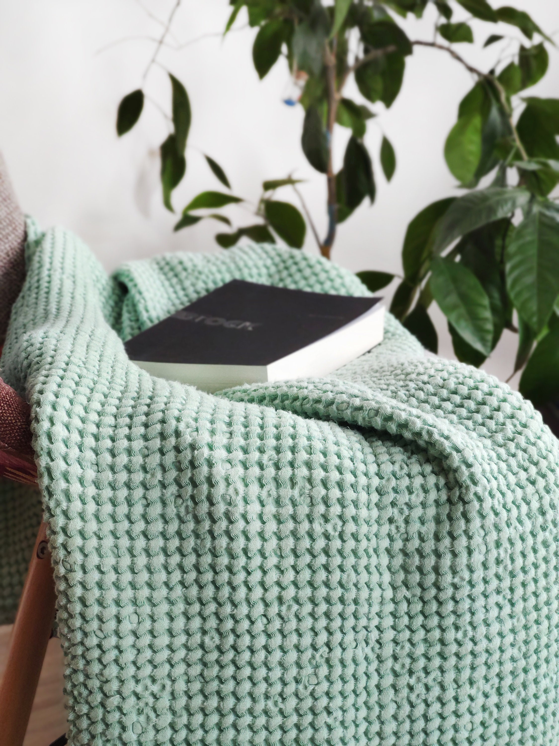 MINT GREEN WAFFLE Blanket. Linen Mint Green Bed Throw in Extra Soft and ...
