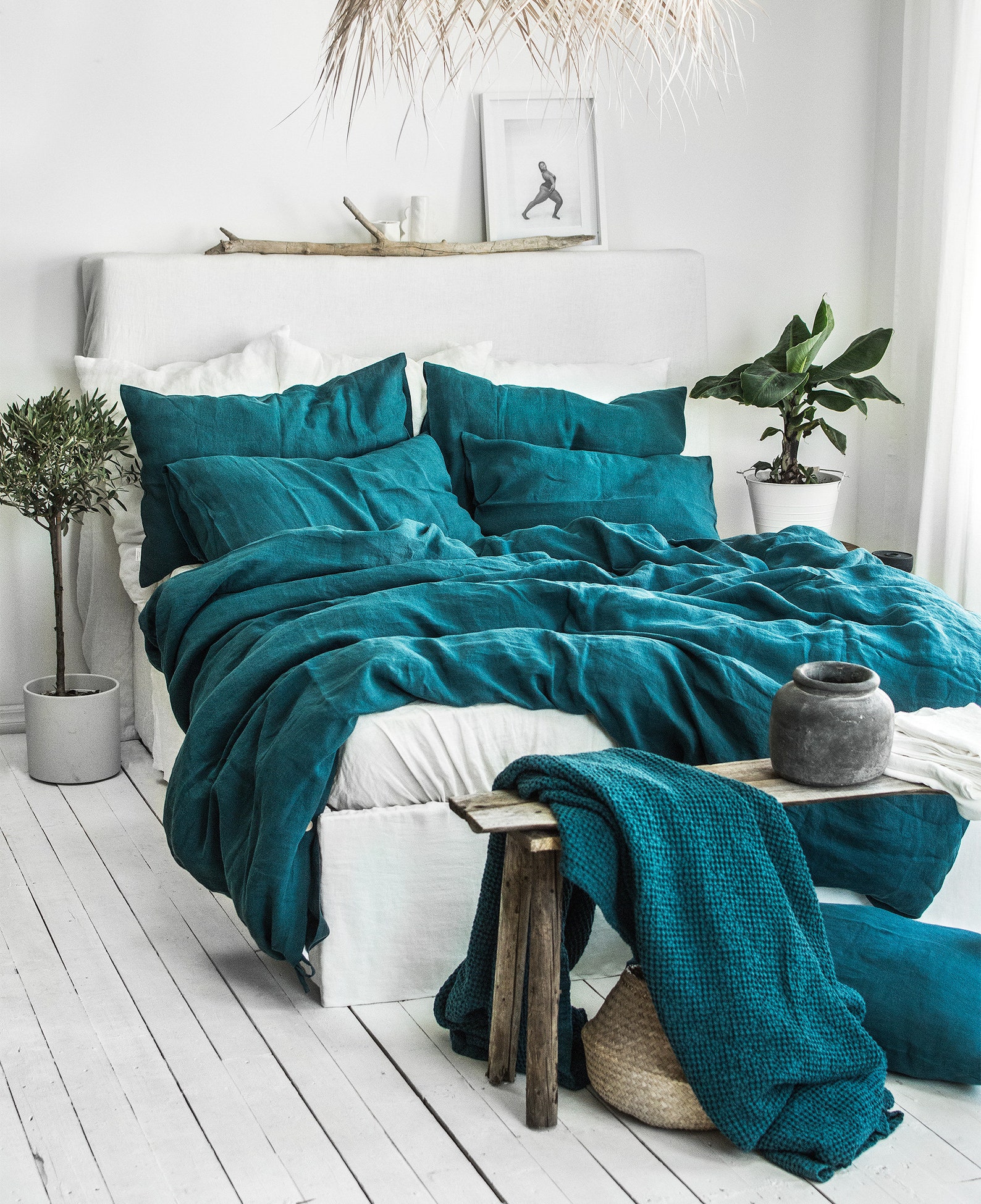 Emerald Blue Linen Bedding Set - Duvet Cover & 2 Pillowcases Set - King ...