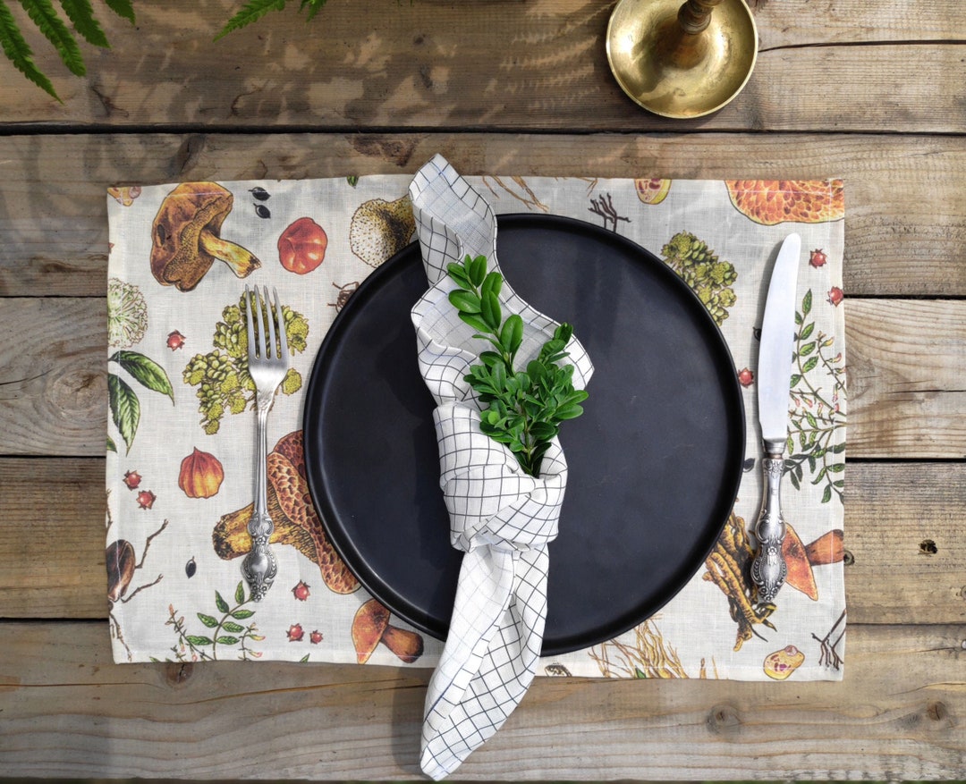 Unique Mushroom Print Linen Placemats Set: 4, 6, 8, 10 Placemats Cover ...