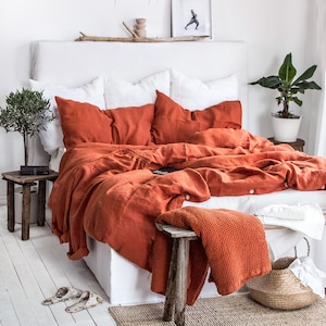 Terracotta Linen Sheet Set. Clay Red Fitted Sheet, Flat Sheet & 2 ...