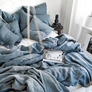 DUSTY BLUE WAFFLE Blanket. Naturally Softened Dusty Blue Linen Bed ...