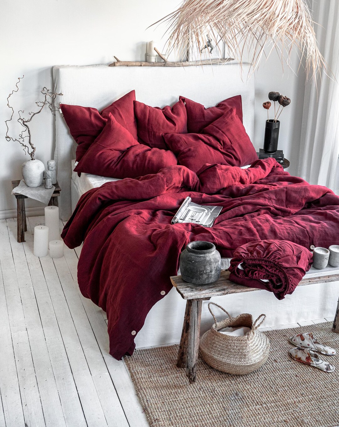 Linen Bedding Set in Maroon - Duvet Cover & 2 Pillowcases Set - Cal ...