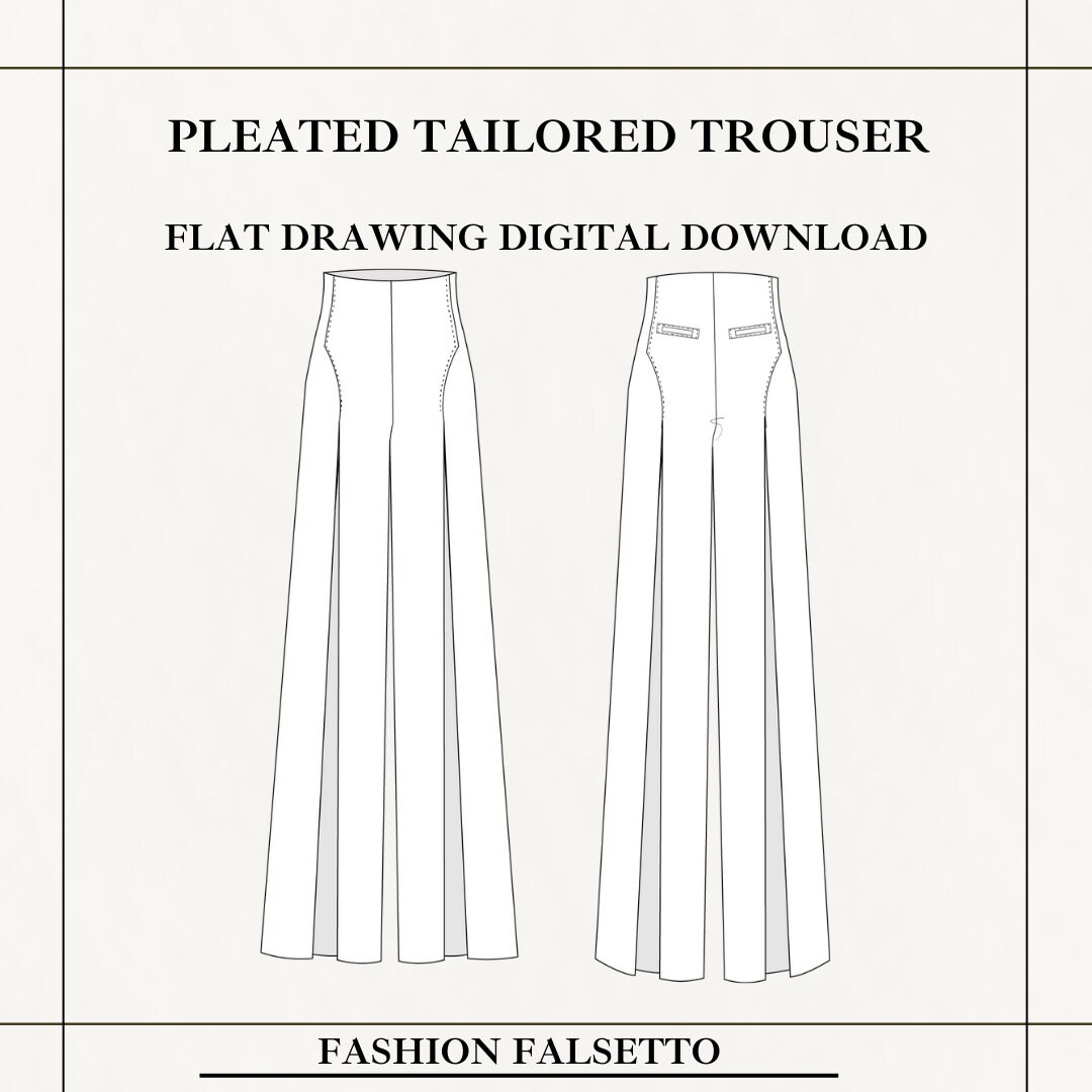 Pleated Tailored Trouser Flat Drawing. Technical Drawing for Fashion ...