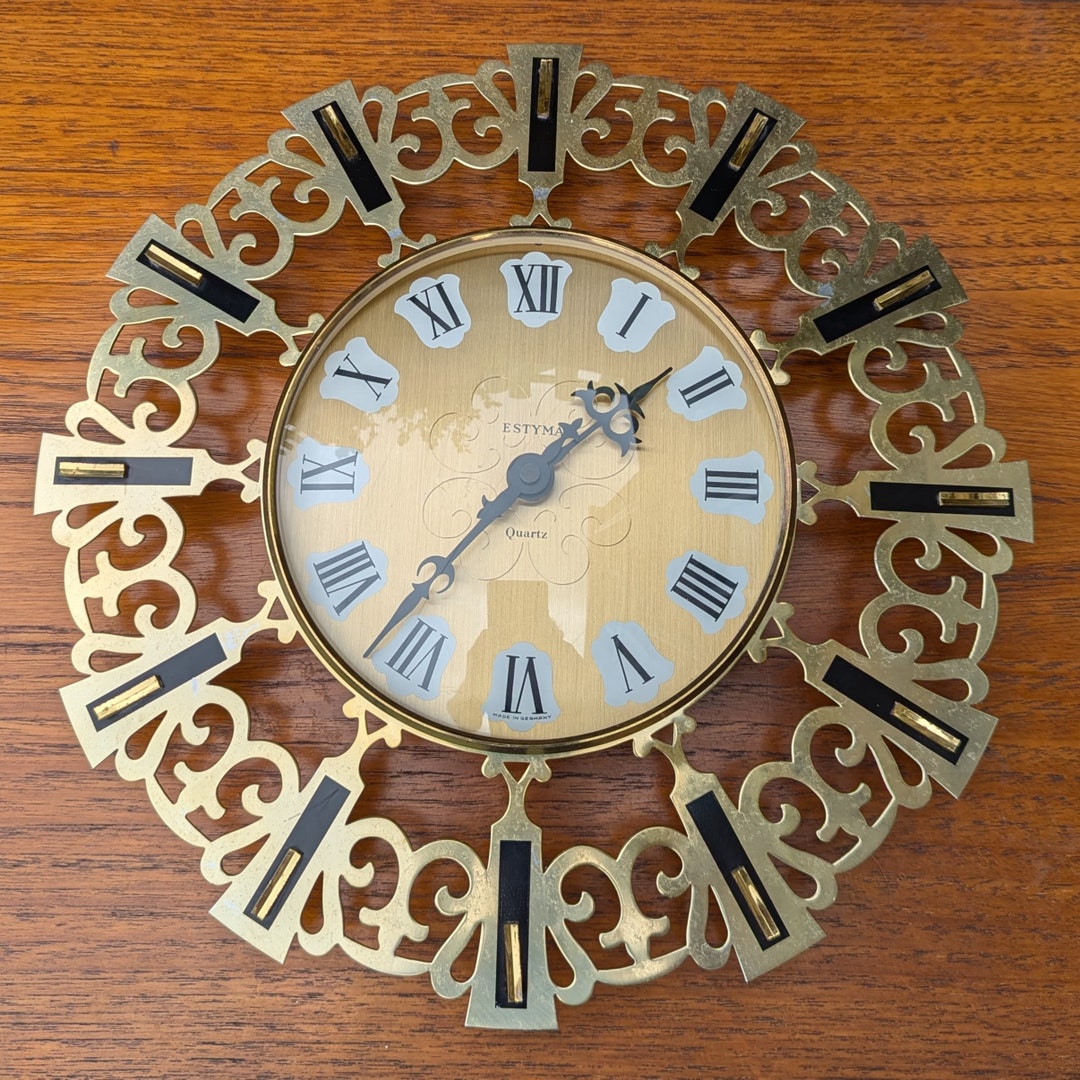 Vintage 1960s /1970s Sunburst / Starburst Brass Wall Clock by Estyma ...
