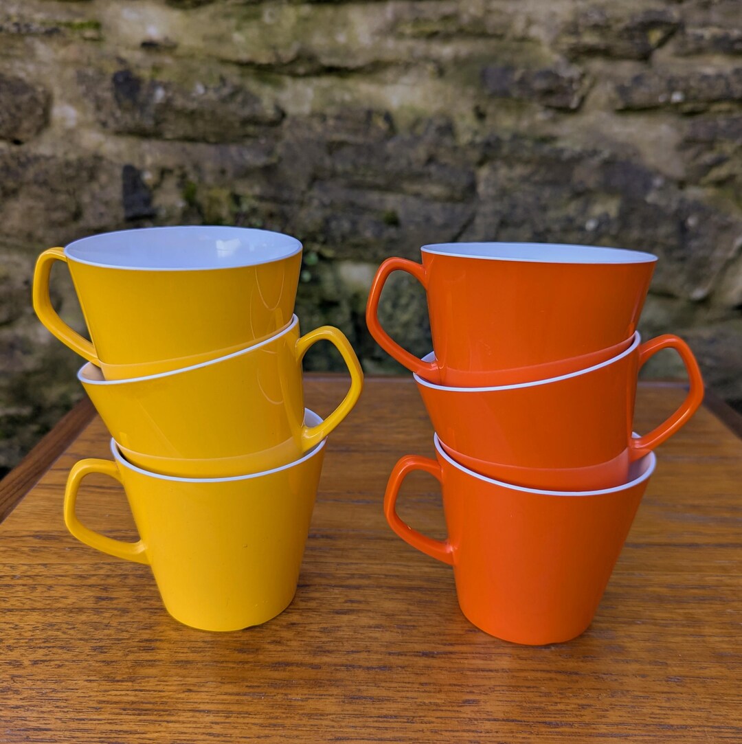 Vintage 1950s / 1960s Melaware Orange and Yellow Cups X 6 - Melamine ...