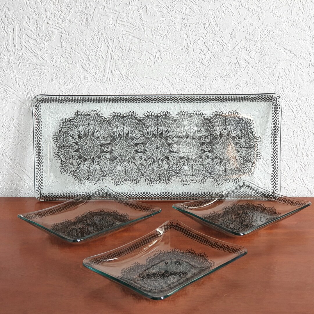 Vintage 1950s Chance Glass Black Lace Rectangular Plates X4- Mid ...