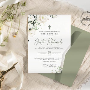 Editable Baptism Invitation Template, White Floral Christening Invites ...